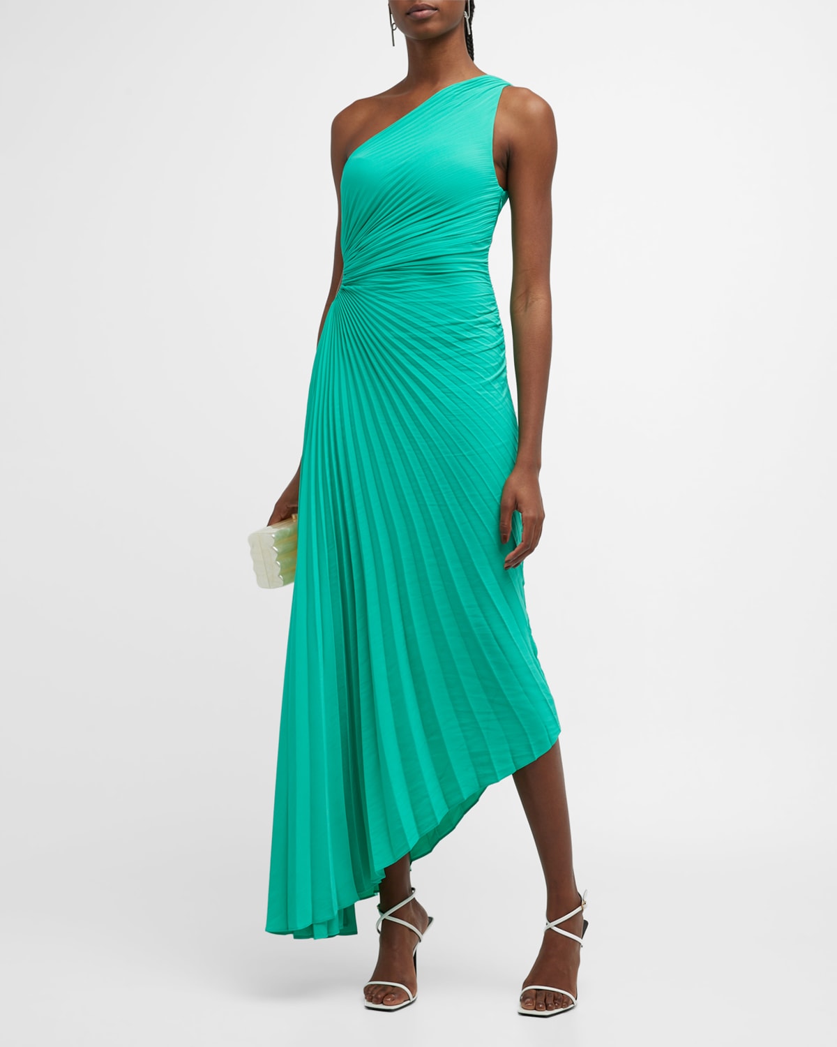 A.L.C. Delfina Pleated Long Asymmetric One-Shoulder Dress | Neiman Marcus