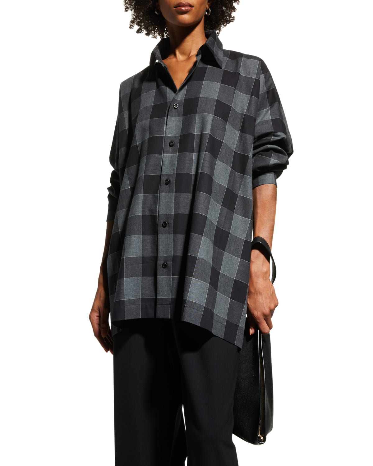 Eskandar Denim Angled-to-Front Side-Seam Shirt With Double Stand Collar ...