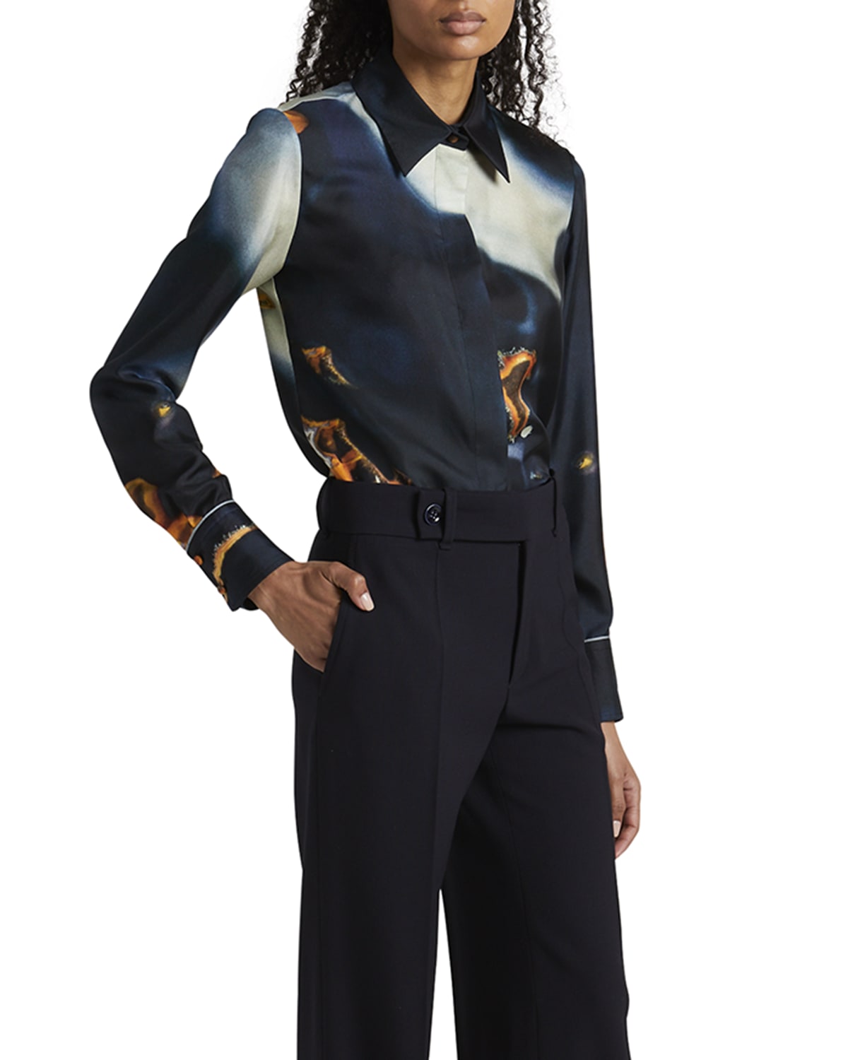 Chloe Lace Insert Silk Collared Blouse | Neiman Marcus