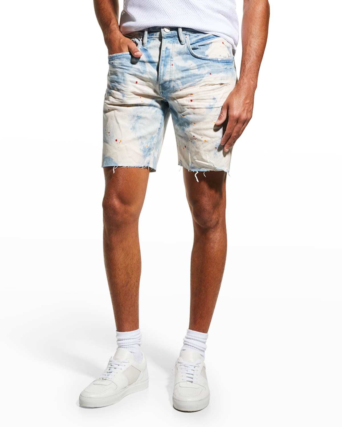 PURPLE Men's Placement Tie-Dye Cutoff Denim Shorts | Neiman Marcus