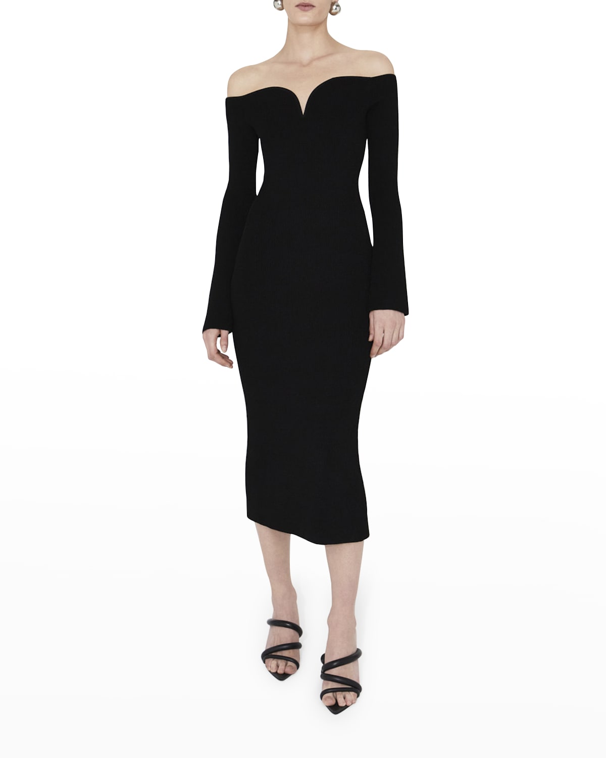 LAPOINTE Off-Shoulder Sheer Feather-Sleeve Midi Dress | Neiman Marcus