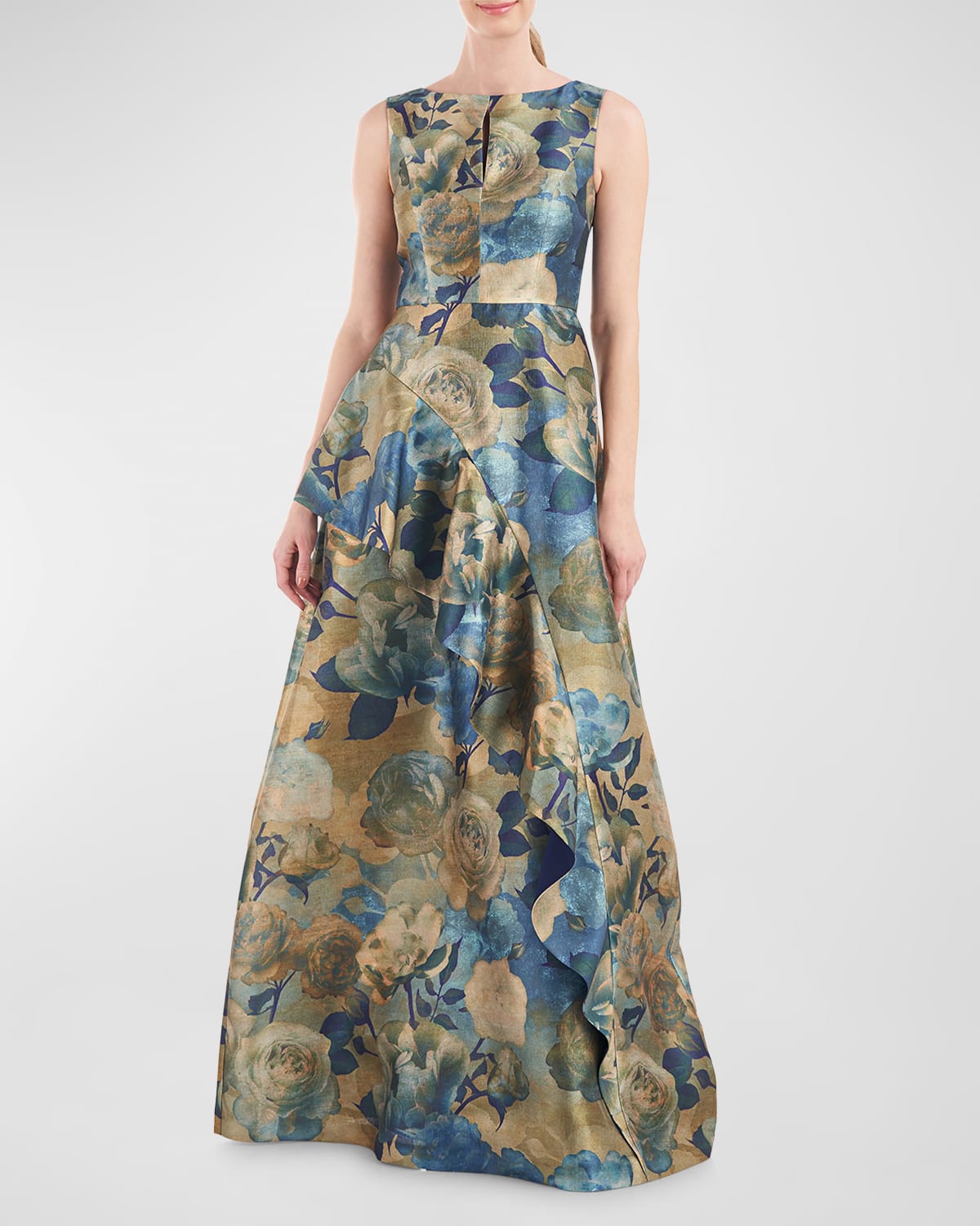 Kay Unger New York Ansley Draped Floral-Print A-Line Gown | Neiman Marcus