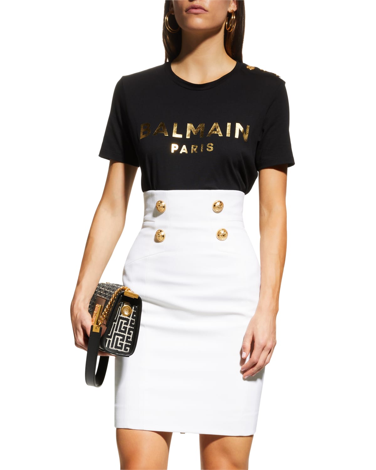 Balmain 3-Button Flocked Logo T-Shirt | Neiman Marcus