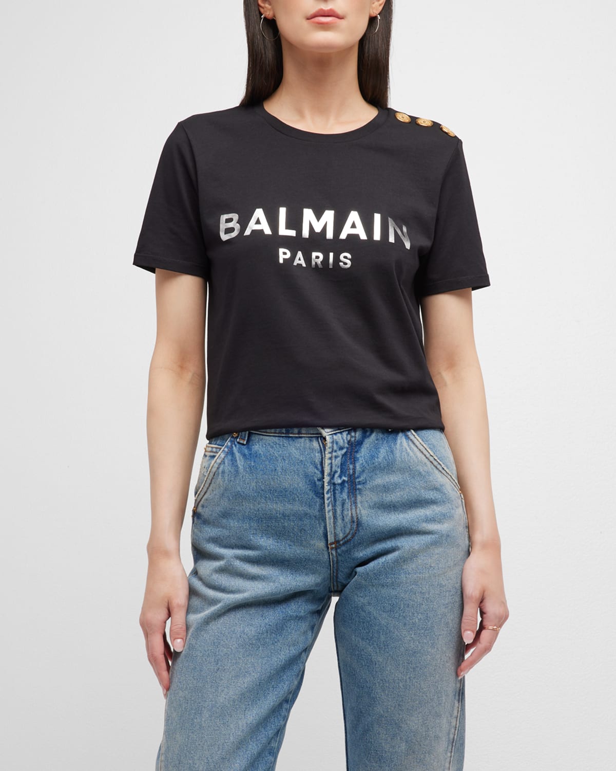 Balmain 3-Button Flocked Logo T-Shirt | Neiman Marcus