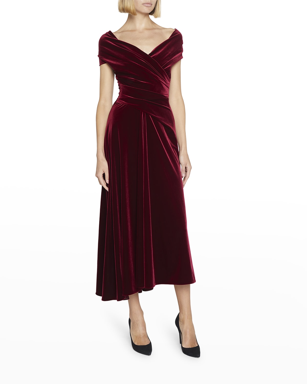 Talbot Runhof Draped Stretch Crespina Midi Dress | Neiman Marcus