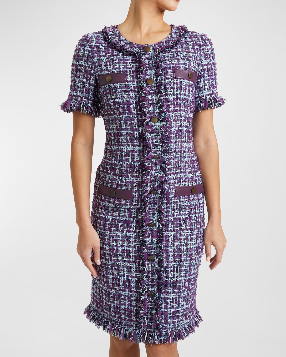 Santorelli Marcy Sleeveless Fringe-Trim Tweed Midi Dress | Neiman Marcus