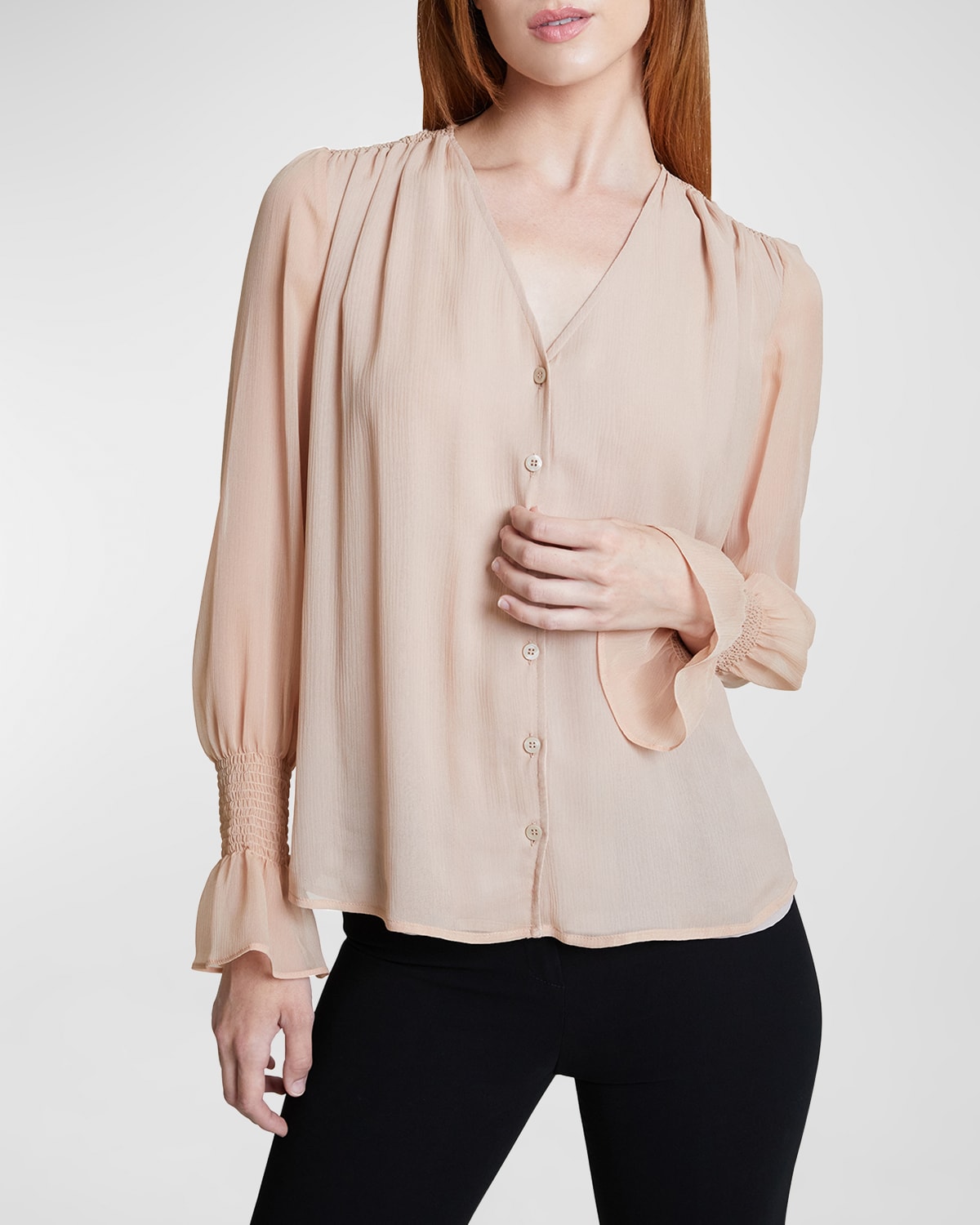 Alice + Olivia Ilan Smocked-Sleeve Button-Front Blouse | Neiman Marcus