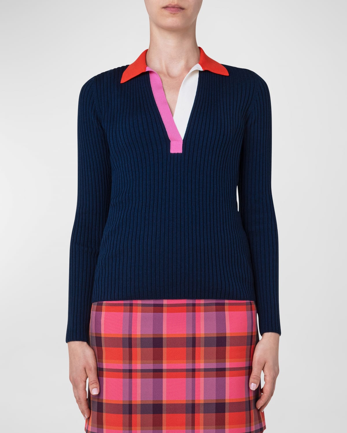 Akris punto Wool Ribbed Sweater w/ Colorblock Detail | Neiman Marcus