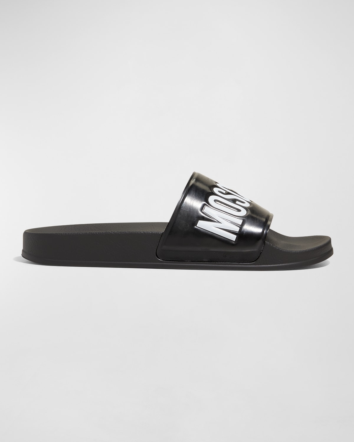 Moschino Men's Rubber Pool Slide Sandals w/ Metal Logo | Neiman Marcus