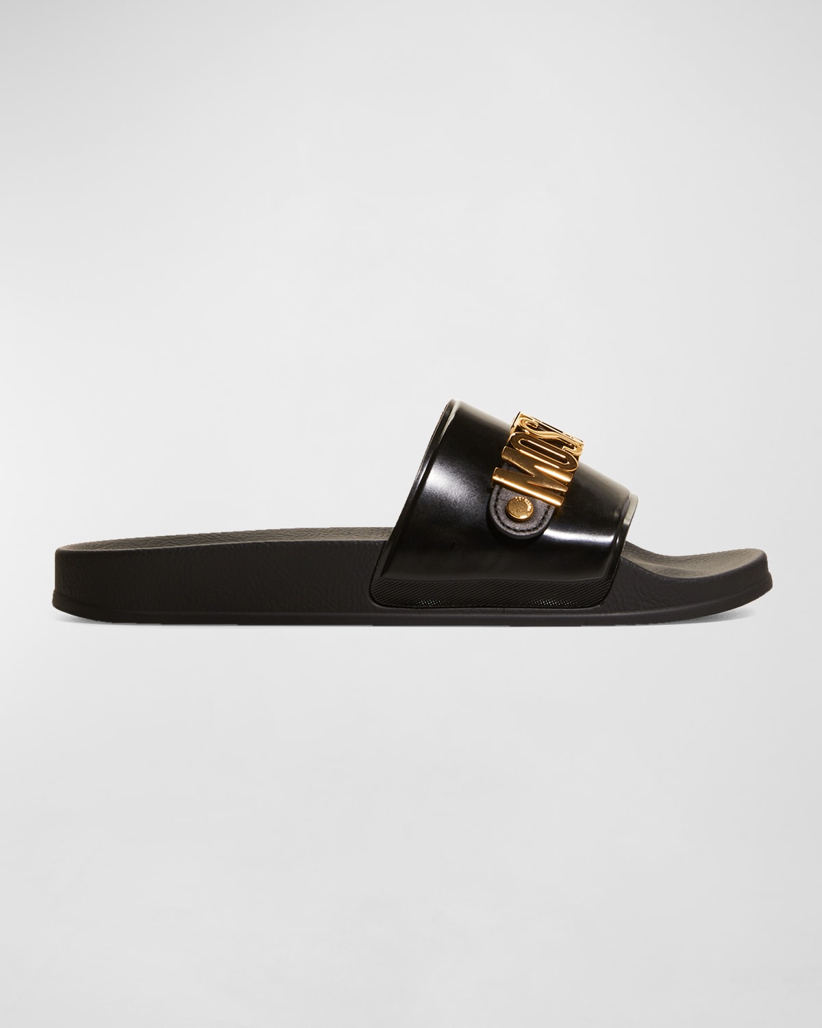 Moschino Men's Rubber Pool Slide Sandals w/ Metal Logo | Neiman Marcus