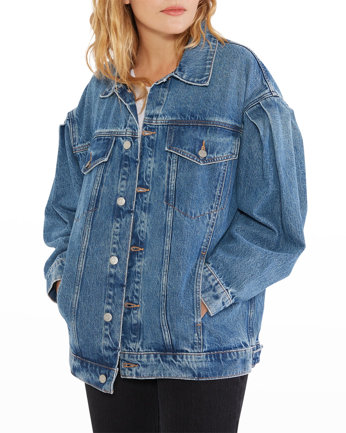 ETICA Remi Seamed Puffed-Sleeve Denim Jacket | Neiman Marcus