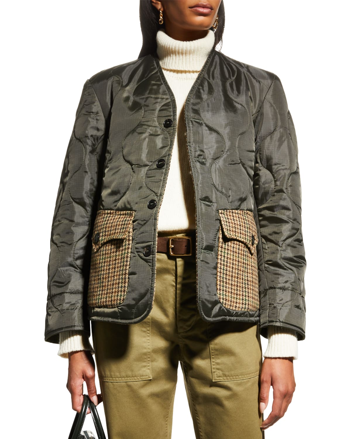 Veronica Beard Patra Mixed-Media Quilted Cable-Knit Jacket | Neiman Marcus
