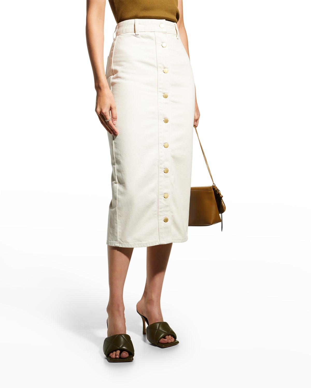 PAIGE Meadow Denim Button-Front Midi Skirt | Neiman Marcus