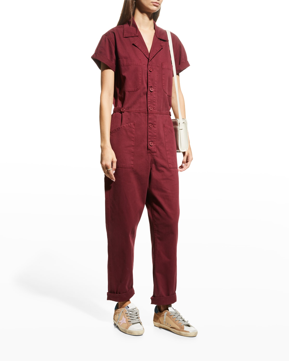 PISTOLA Grover Cotton Twill Patchwork Button-Front Jumpsuit | Neiman Marcus