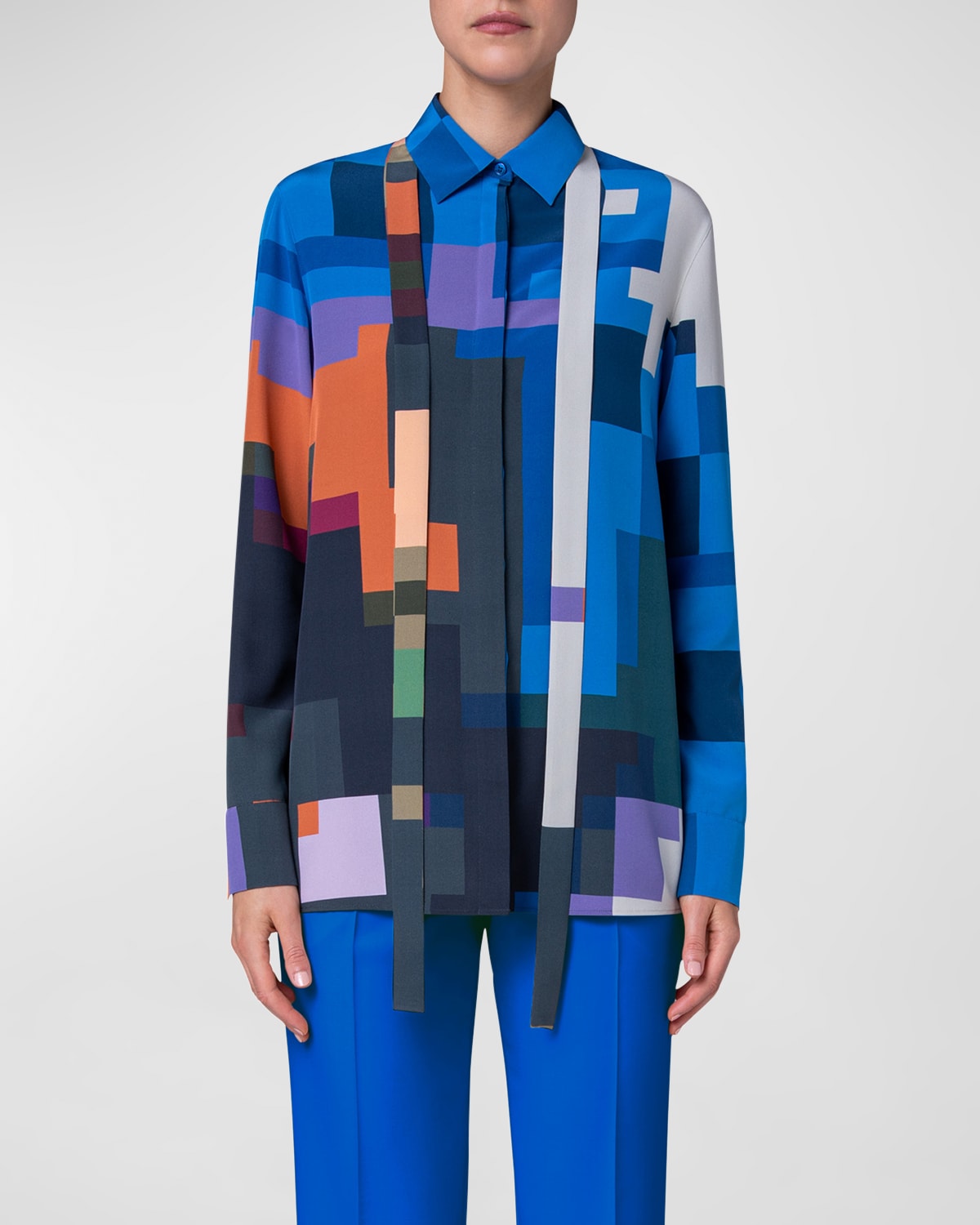 Akris Pixel Flower-Print Neck-Tie Crepe Midi Shirtdress | Neiman Marcus