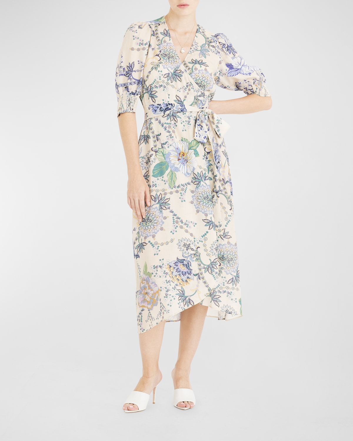 Essentiel Antwerp Damina Puff-Sleeve Floral-Print Midi Wrap Dress | Neiman Marcus