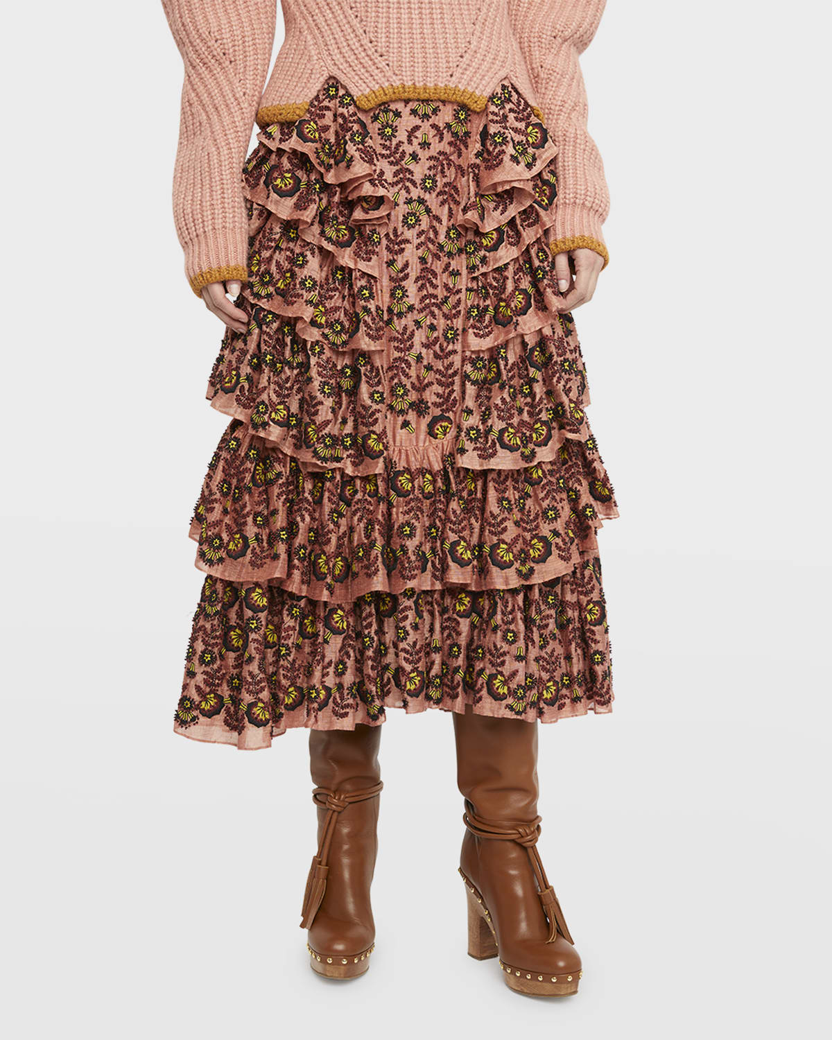 Ulla Johnson Winona Tiered-Ruffle Silk Twill Midi Skirt | Neiman Marcus