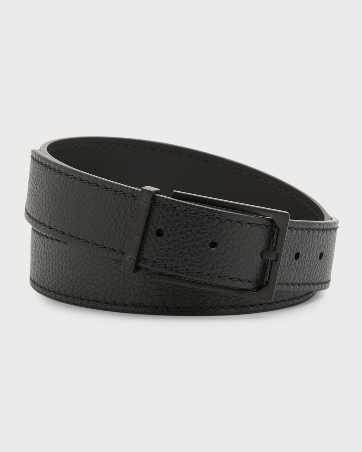 Santoni Men's Rectangle Buckle Grained Leather Belt | Neiman Marcus