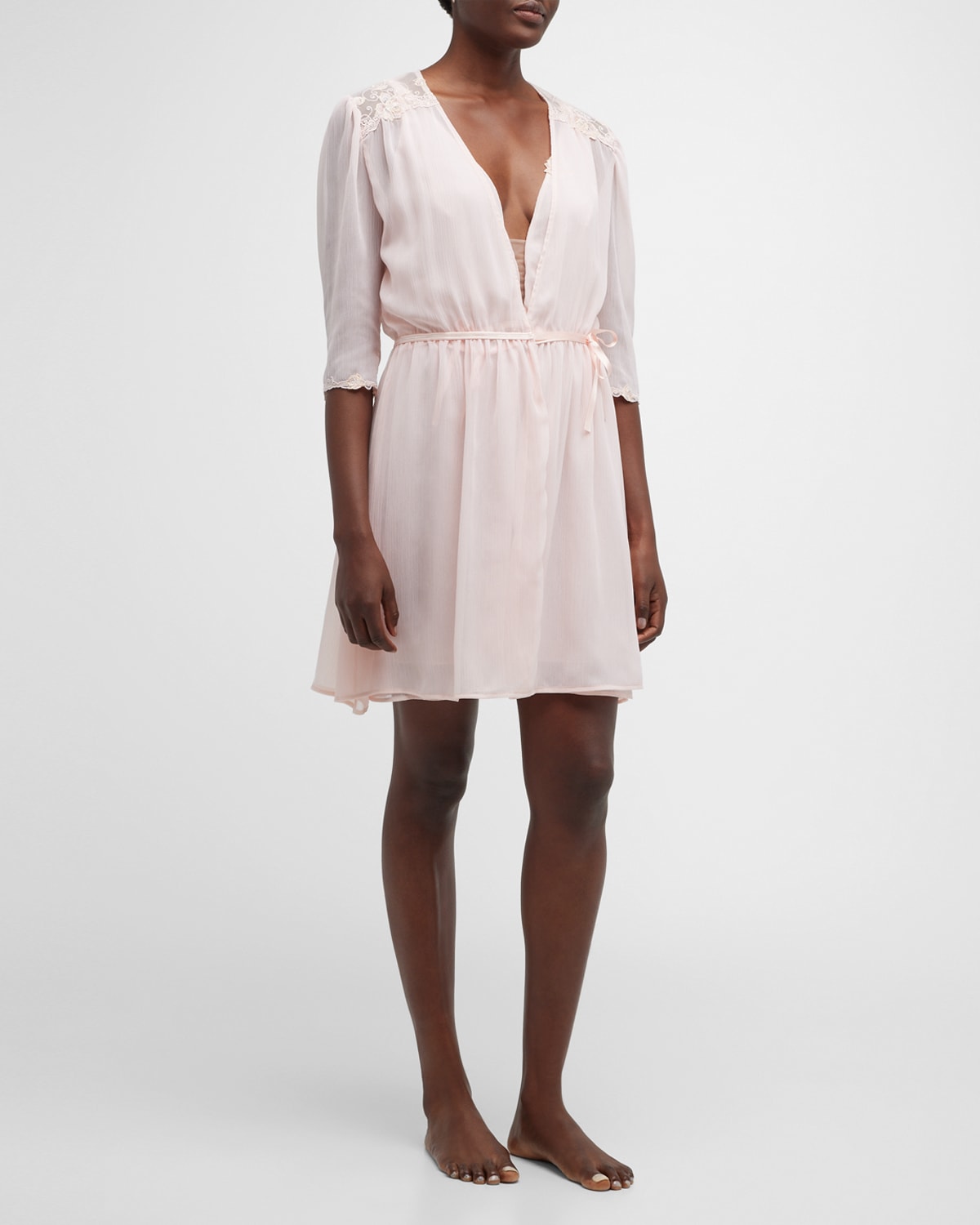 Neiman Marcus Short Lace-Trim Silk Robe | Neiman Marcus