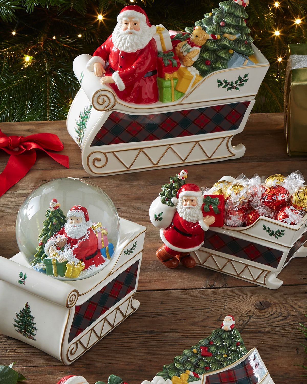 Spode Christmas Tree Tartan Figural Santa Sleigh Candy Jar | Neiman Marcus