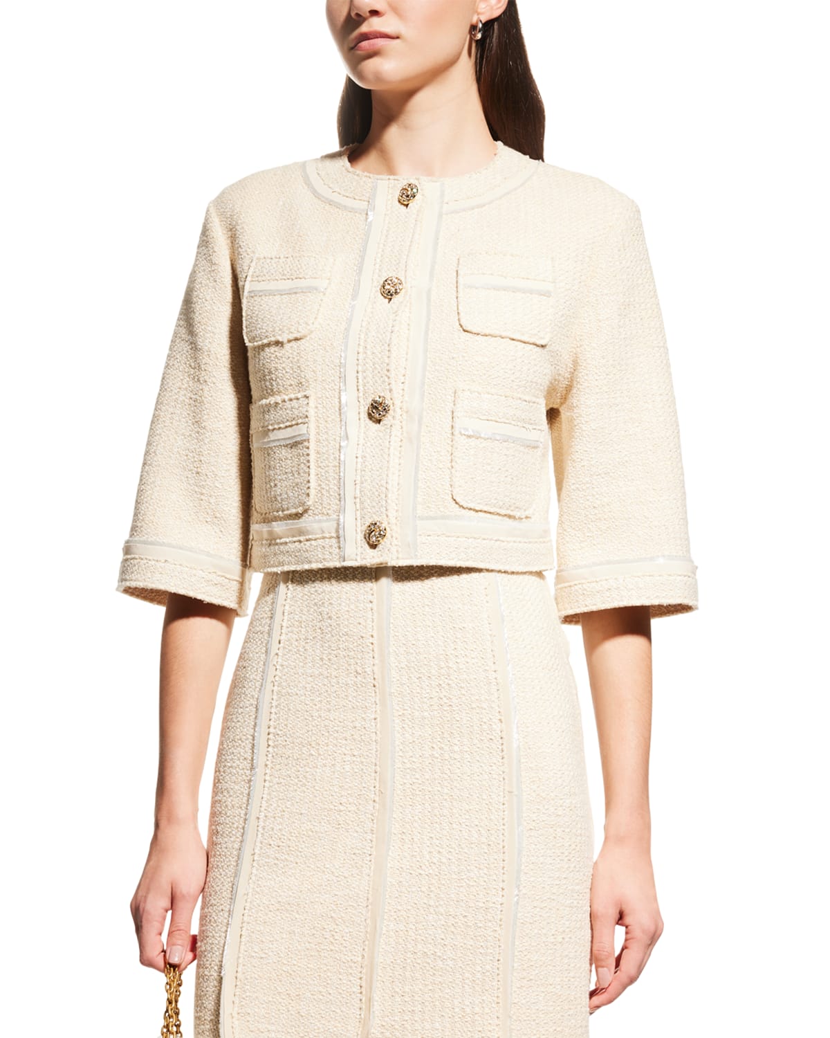 St. John Texture Tweed-Inset Crepe Crop Jacket | Neiman Marcus