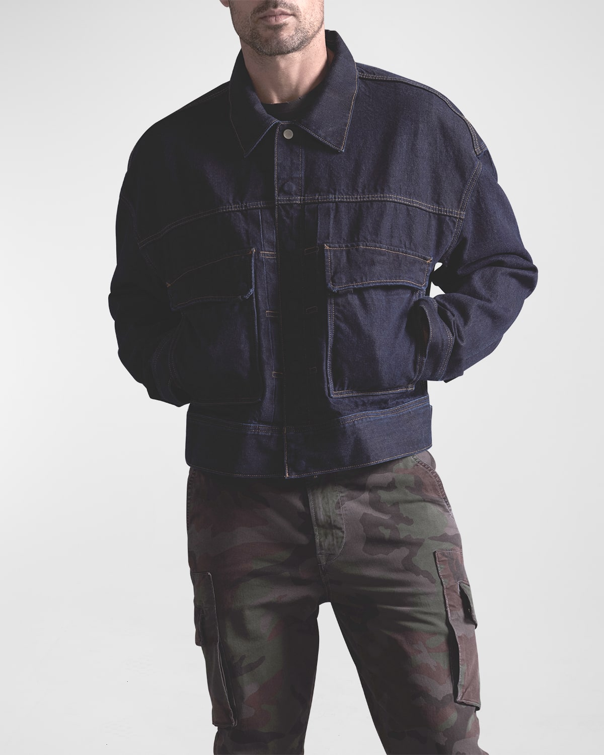 Hudson Men's Distressed Boxy Crop Trucker Jacket | Neiman Marcus