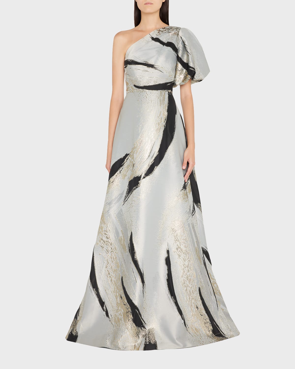 Rickie Freeman for Teri Jon One-Shoulder Ruffle Metallic Jacquard Gown ...