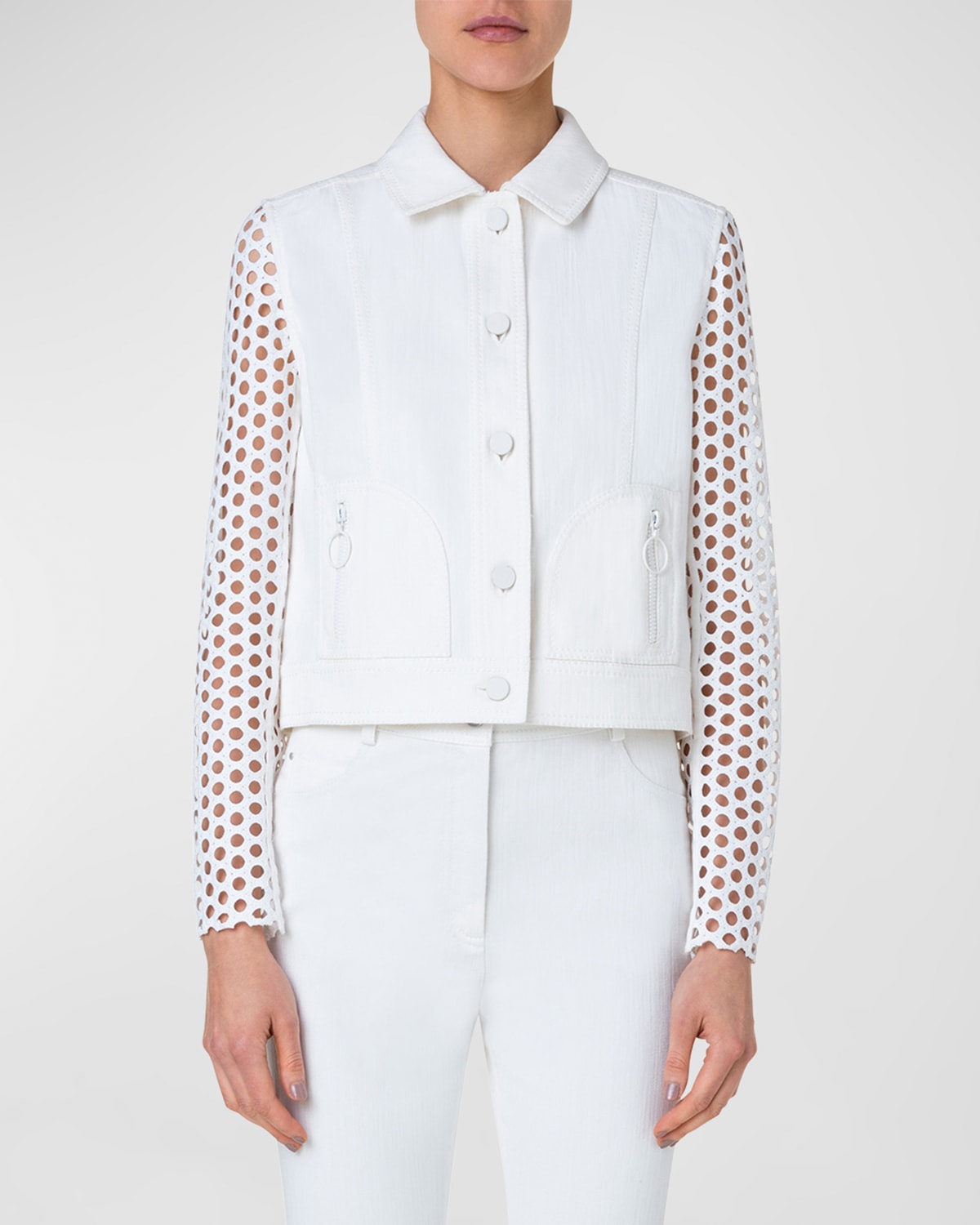 Akris punto Denim Jacket w/ Fringe Trim | Neiman Marcus