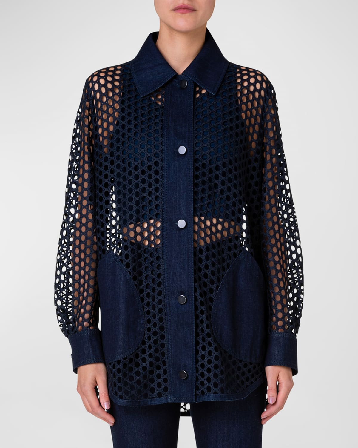 Akris punto Mixed Media Denim Jacket w/ Dotted Mesh Sleeves | Neiman Marcus