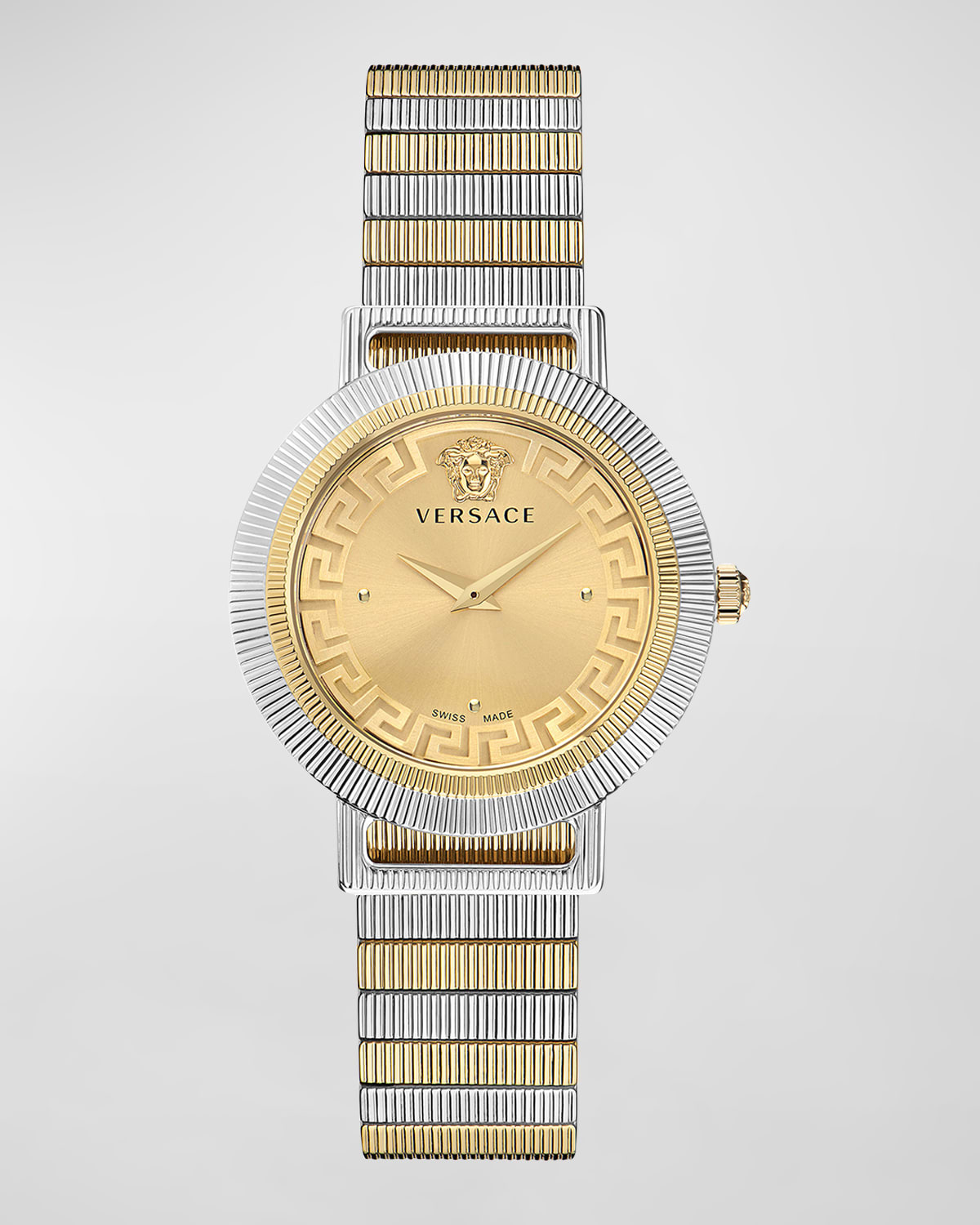 Versace 36mm Greca Chic Leather Watch, Two-Tone/Blue | Neiman Marcus