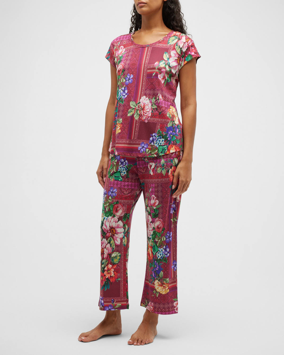 Natori Hanami Cropped Floral-Print Satin Pajama Set | Neiman Marcus