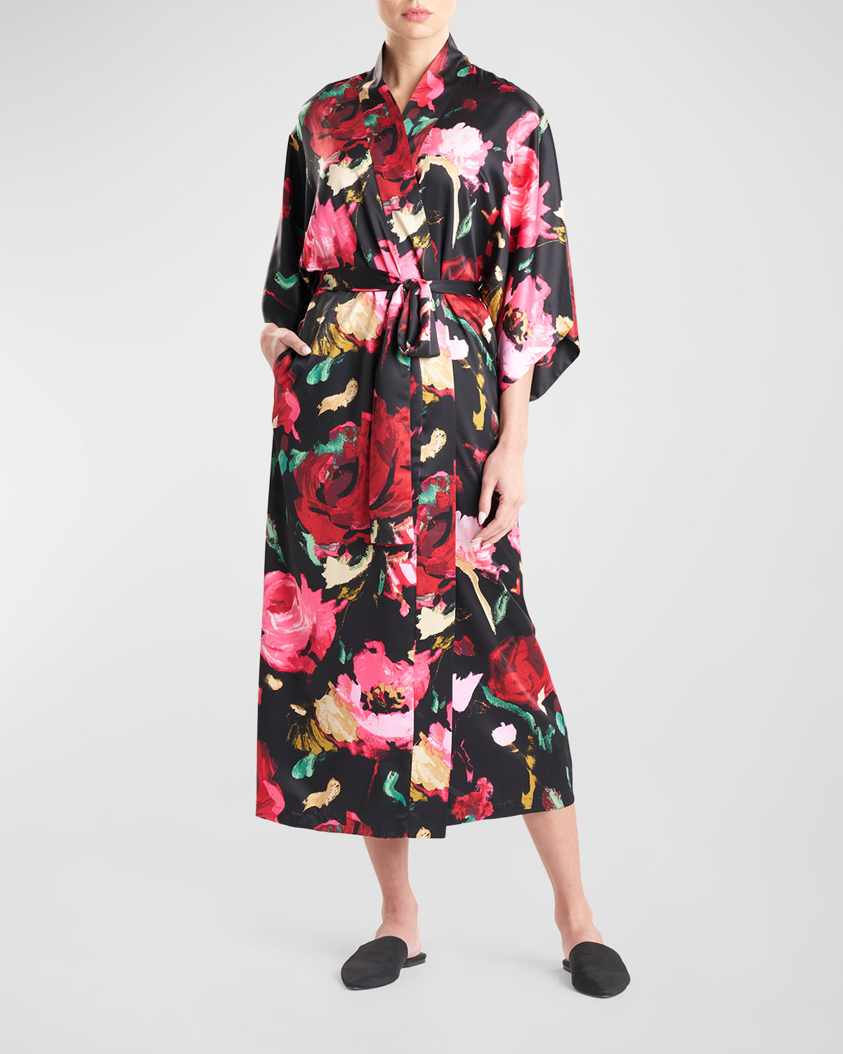 Natori Hanami Long Floral-Print Satin Robe | Neiman Marcus