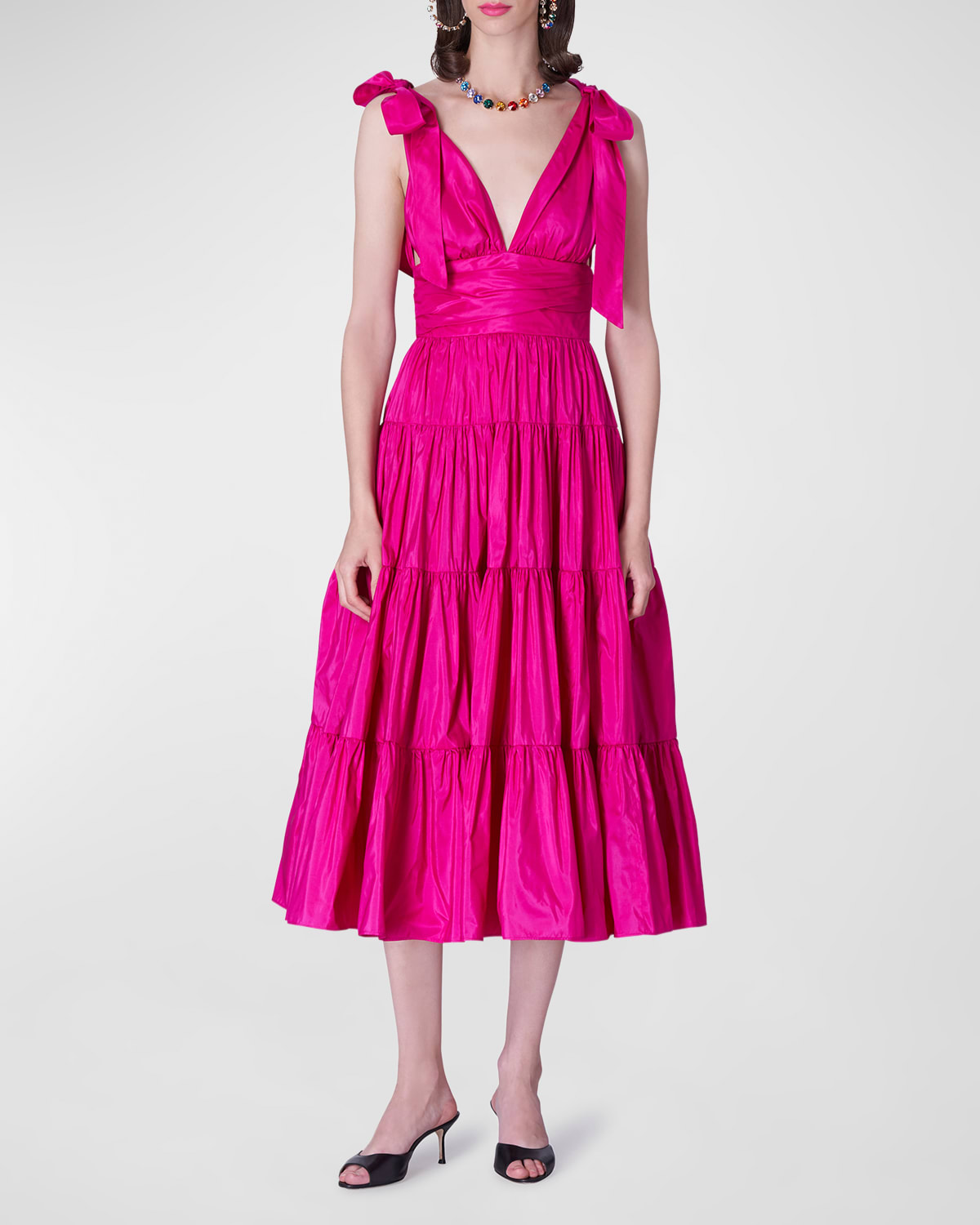 Lela Rose Bow-Shoulder Tiered Tulle Midi Dress | Neiman Marcus