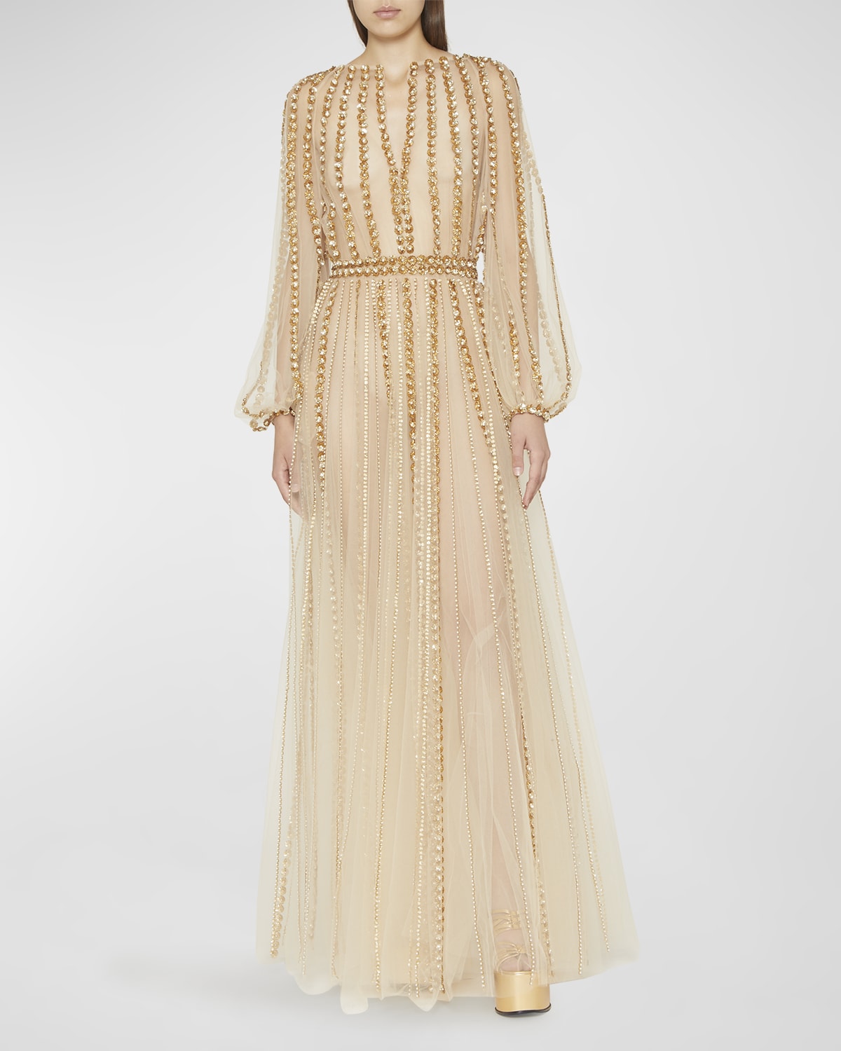 Valentino Garavani Embroidered Tulle Illusion Gown with Floral Details ...