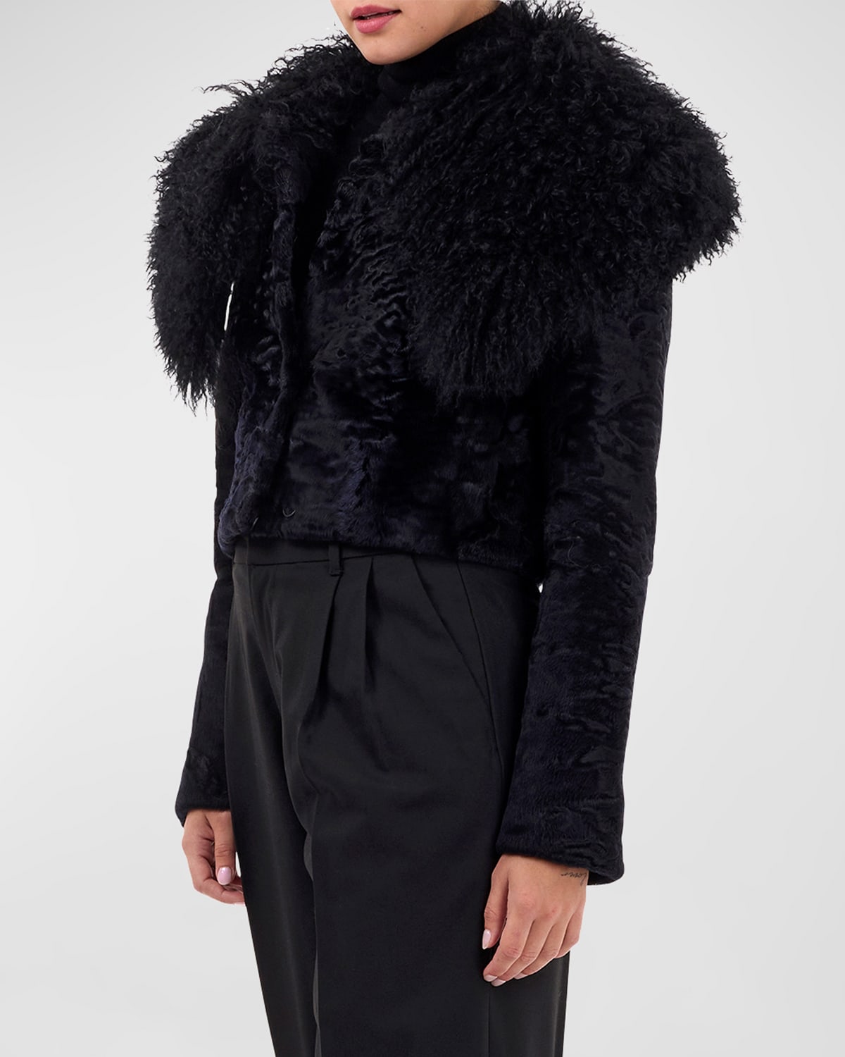 Gorski Horizontal Lamb Shearling Crop Bolero Jacket | Neiman Marcus