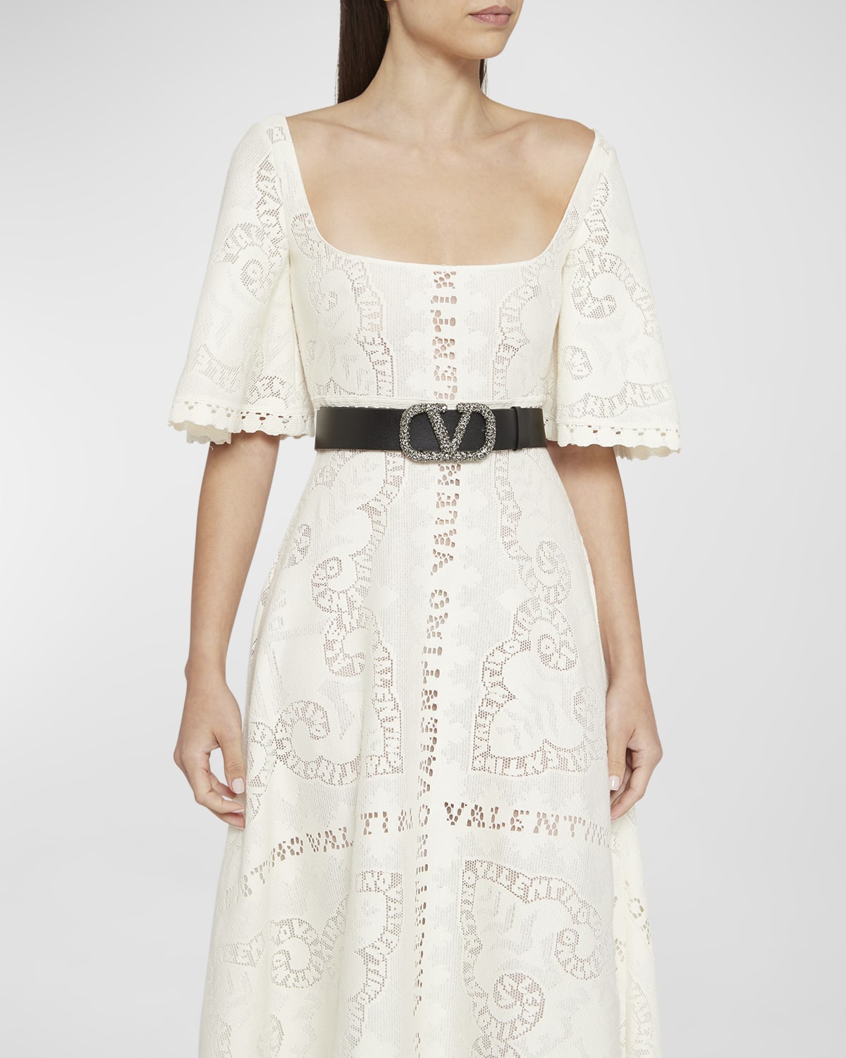 Valentino Garavani Crystal-Embellished Platinum V-Logo Leather Belt ...