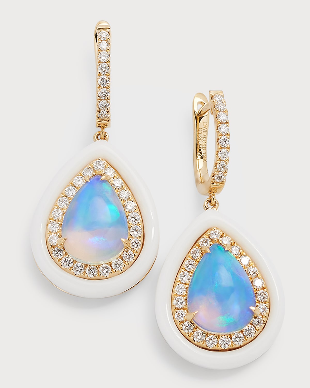 David Kord 18K Yellow Gold Earrings with Pear-Shape Opal, Diamonds and White Frame, 12.01tcw ...