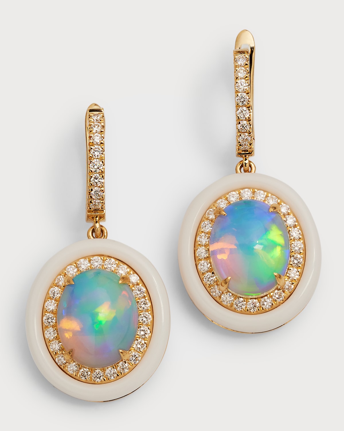 David Kord 18K Yellow Gold Earrings with Pear-Shape Opal, Diamonds and White Frame, 12.01tcw ...