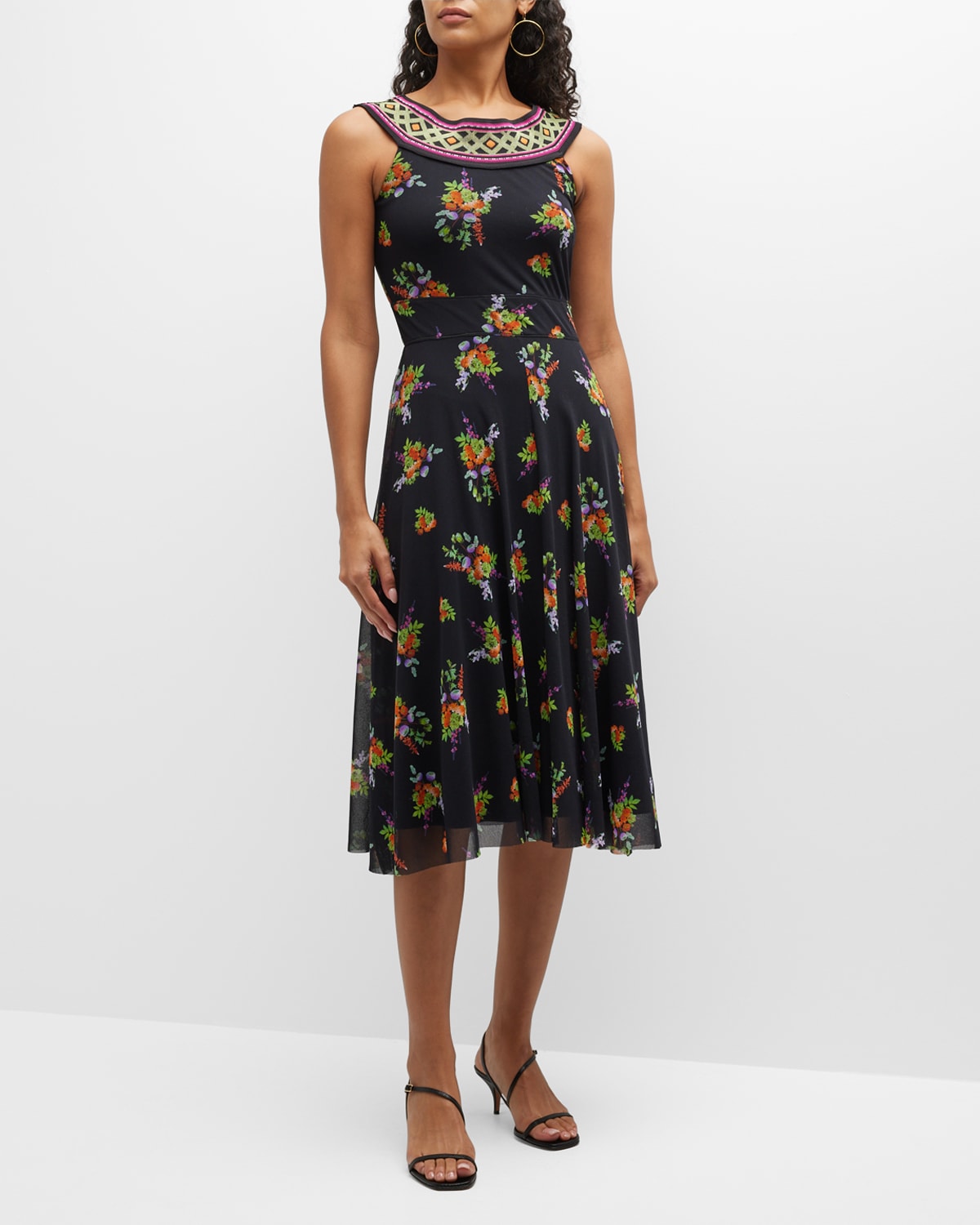 Fuzzi Draped Floral-Print Tulle Midi Dress | Neiman Marcus