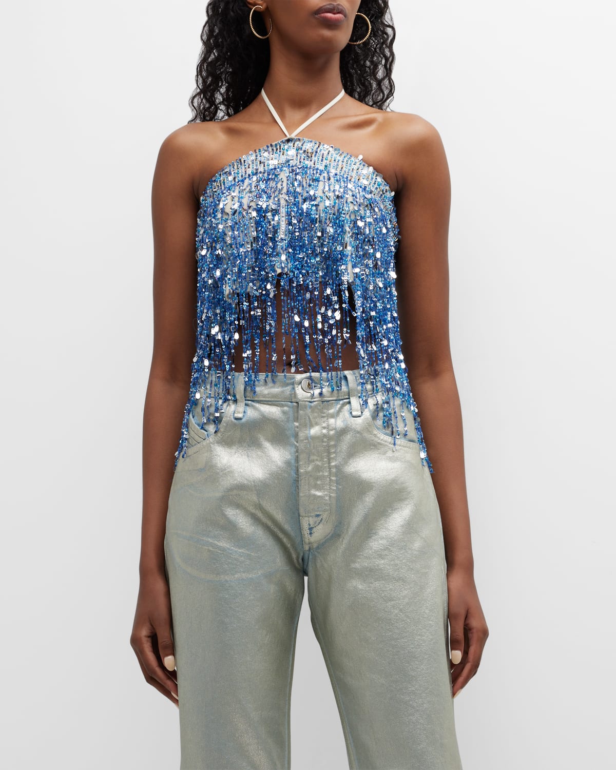 Proenza Schouler Metallic Hand-Crochet Beaded Fringe Halter Gown ...