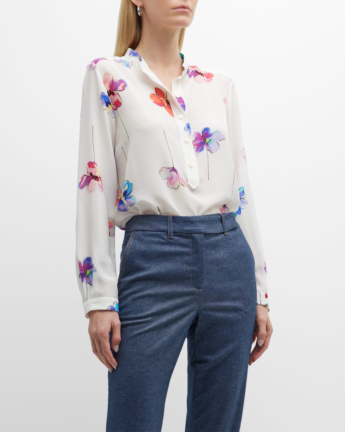 Etro Floral-Print Neck-Tie Silk Blouse | Neiman Marcus