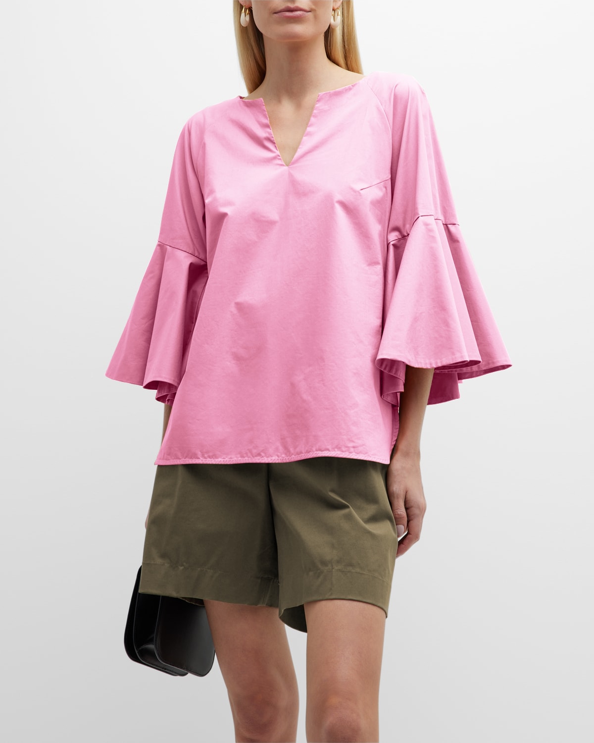 Misook Pleated Bell-Sleeve Split-Neck Blouse | Neiman Marcus