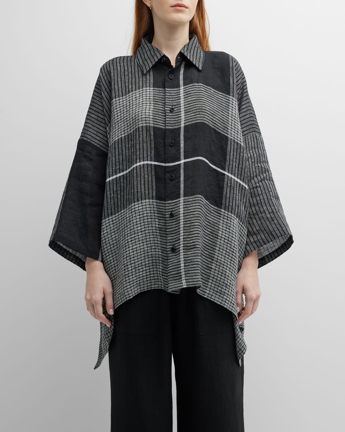 Eskandar Wide A-Line Shirt With Chinese Collar (Mid Plus Length ...