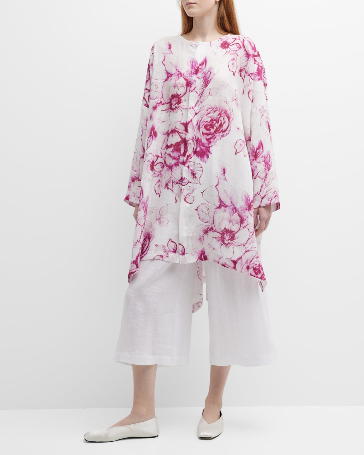 Eskandar Wide Longer-Back Collarless Shirt with Slits (Very Long Length ...