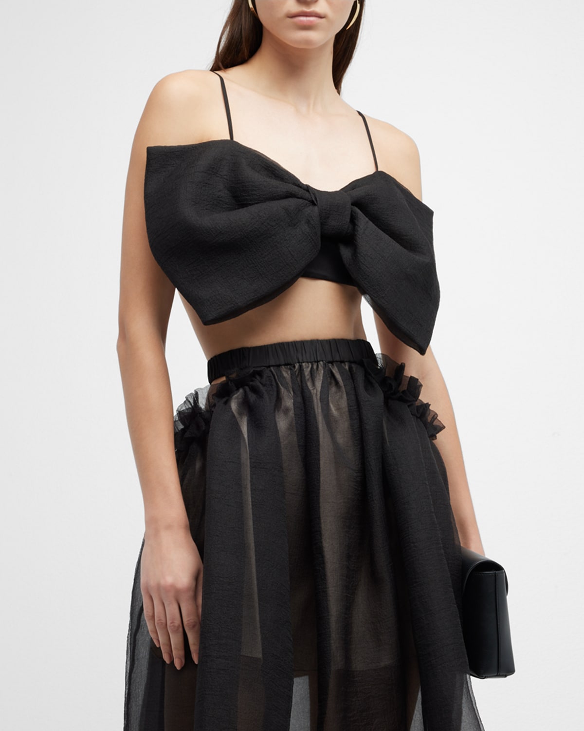 AREA Crystal Ruffle Poplin Bustier Crop Top | Neiman Marcus