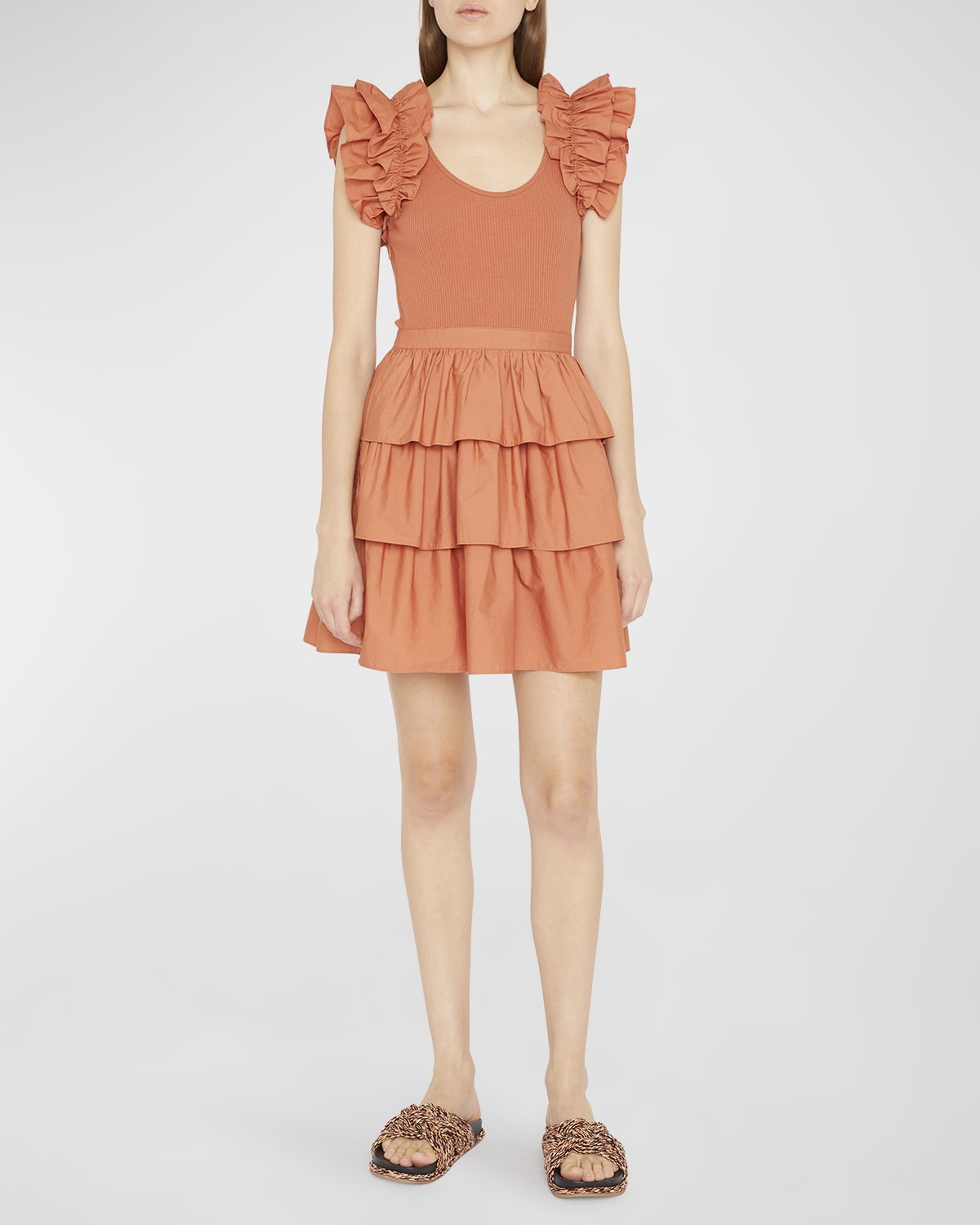 Ulla Johnson Camilla Pintuck Poplin Mini Ruffle Dress | Neiman Marcus