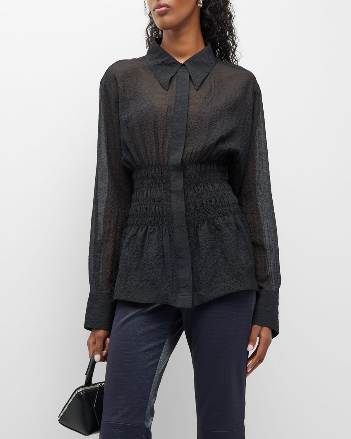 Isabel Marant Georgia Smocked Ruffle Button-Front Blouse | Neiman Marcus
