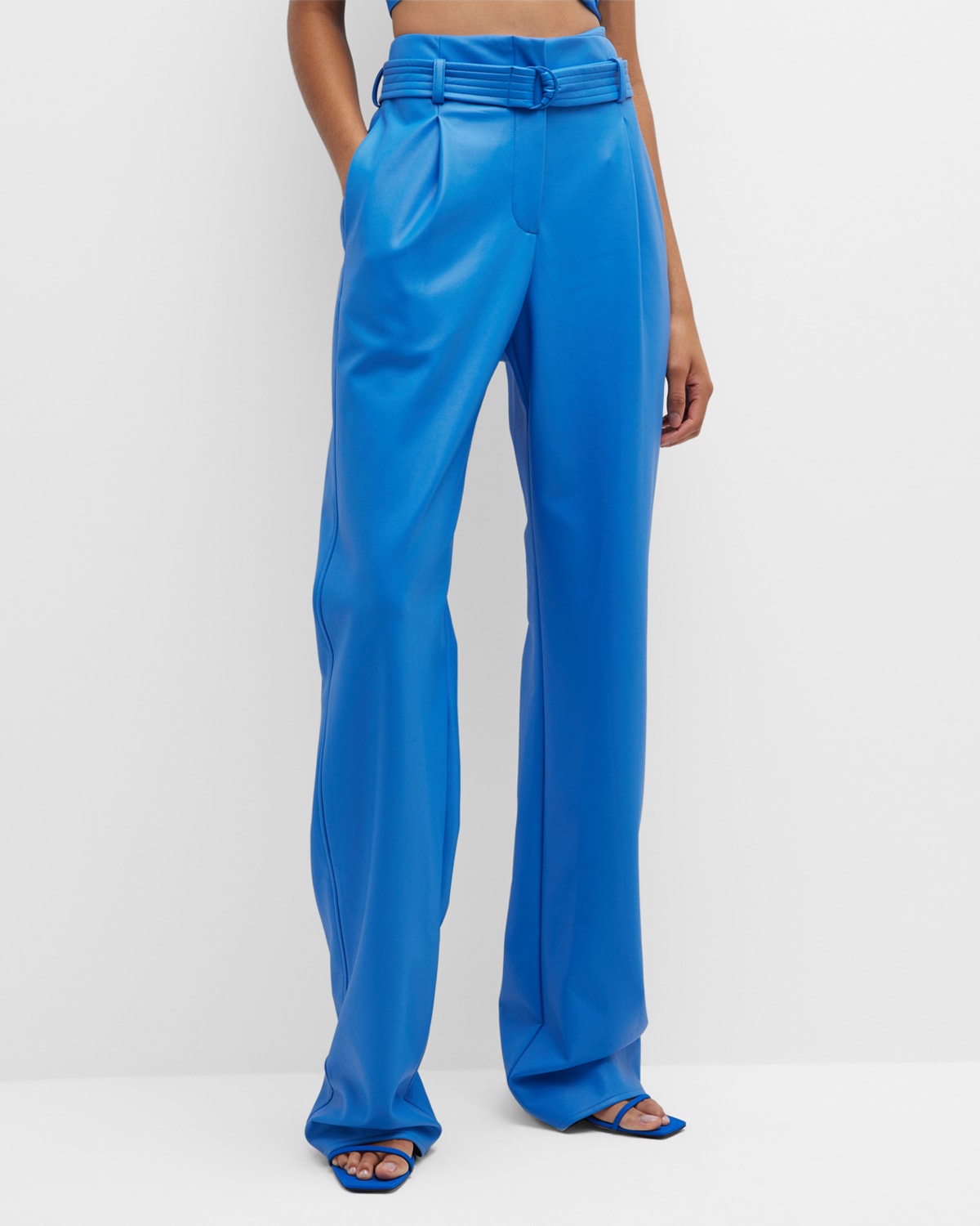 LAPOINTE Belted Metallic Silk Wide-Leg Trousers | Neiman Marcus