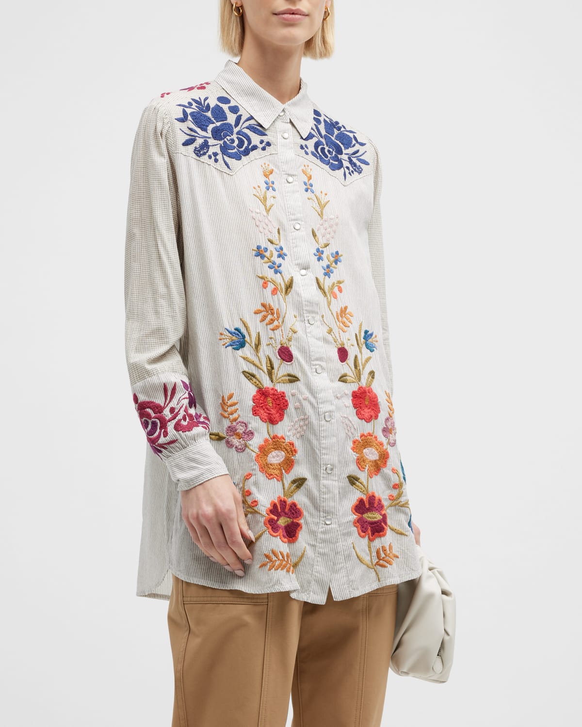 Johnny Was Zinnia Embroidered Floral-Print Silk Tunic | Neiman Marcus