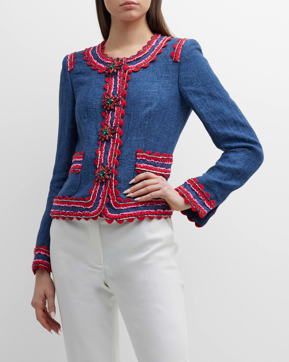 Maison Common Floral Applique Peter-Pan Collar Striped Tweed Jacket ...